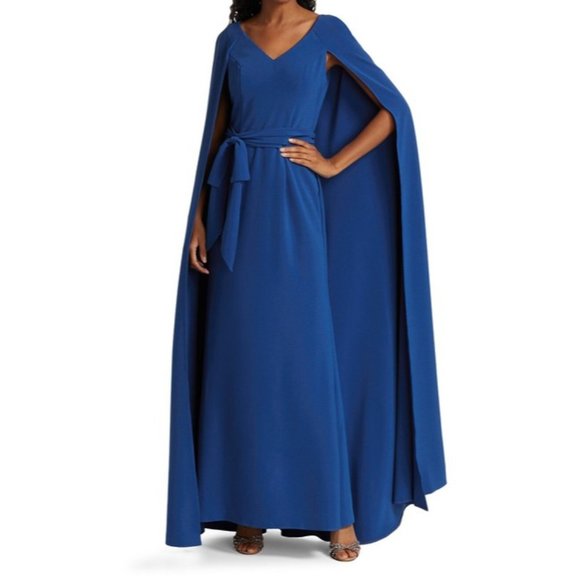 Marchesa | Dresses | Marchesa Notte Blue Cape Sleeve Crepe Caftan Gown ...